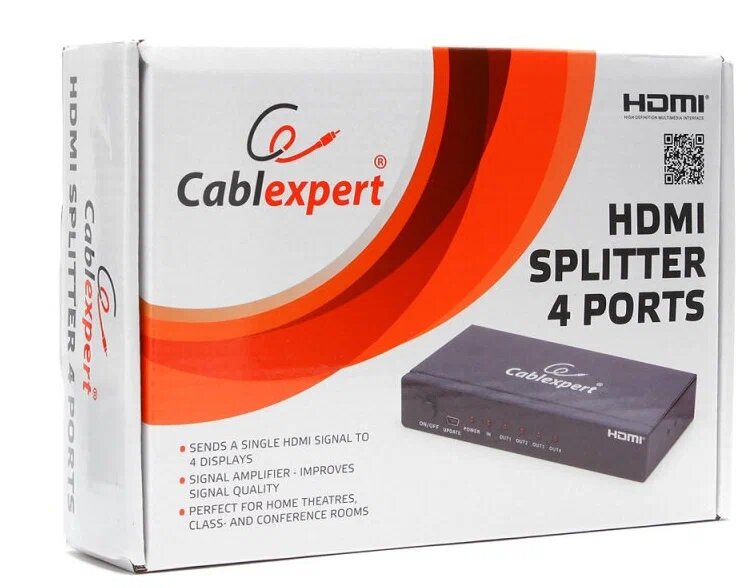 Разветвитель HDMI Cablexpert DSP-4PH4-02, HD19F/4x19F, 1 компьютер => 4 монитора, Full-HD, 3D, 1.4v