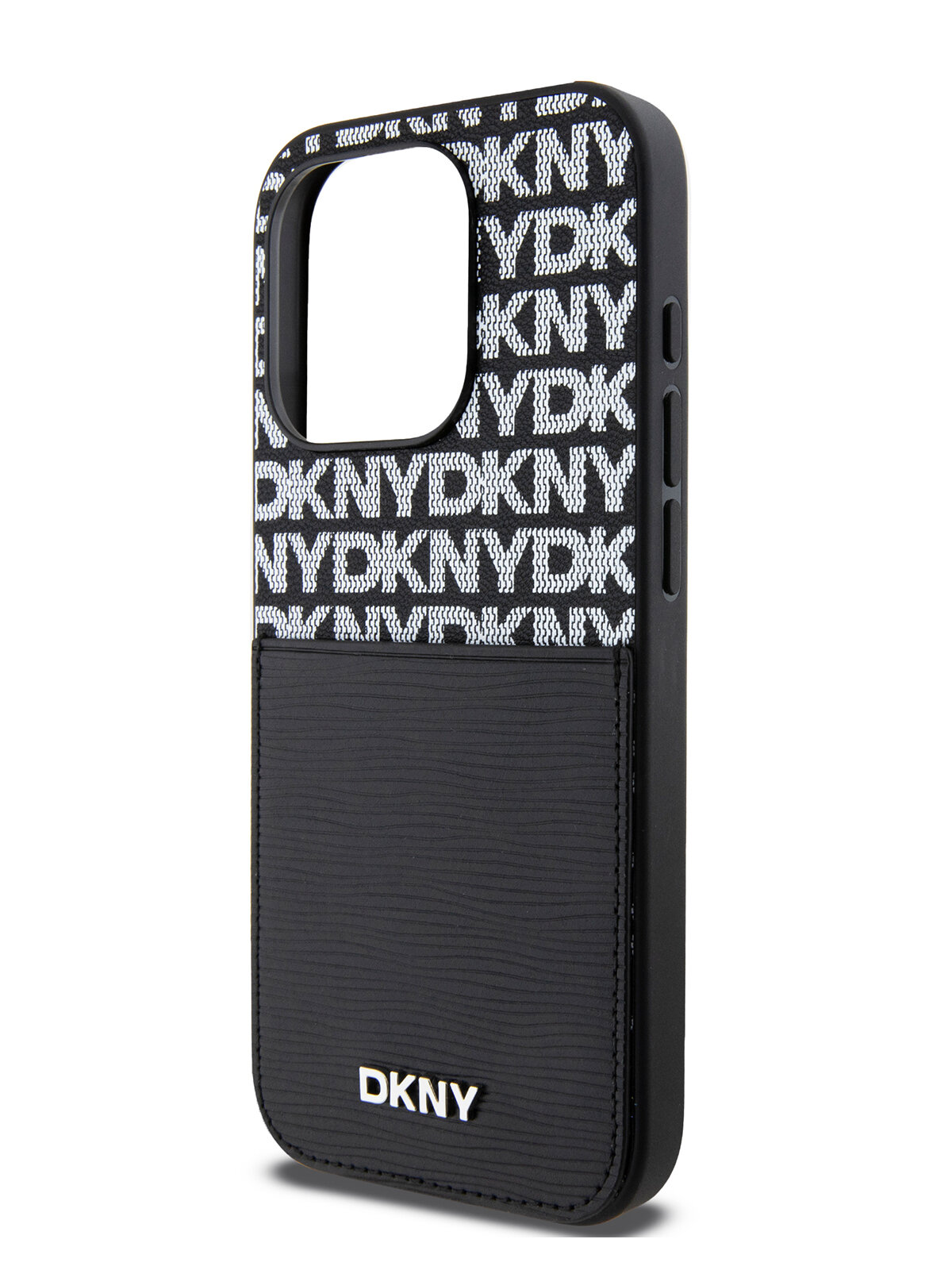 DKNY для iPhone 15 Pro чехол PU Repeat texture with Cardslot Metal logo Hard Black