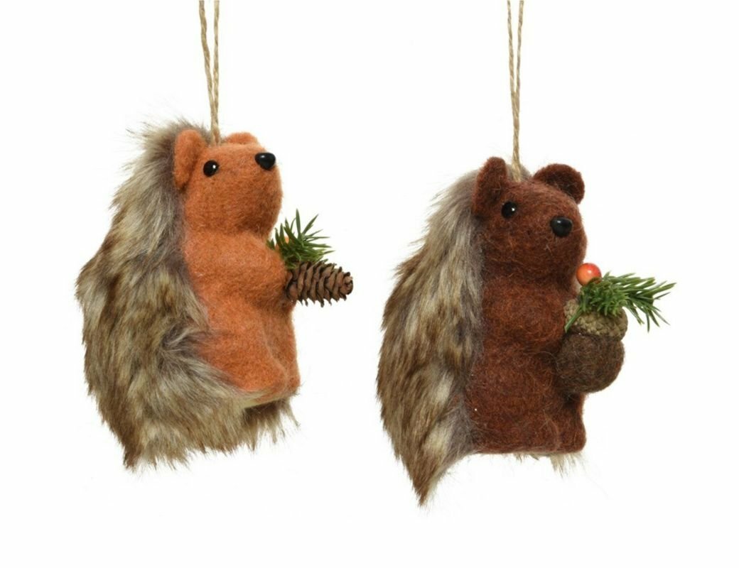 Елочная валяная игрушка ежик с шишкой, шерсть, искусственный мех, рыженький, 10 см, Kaemingk