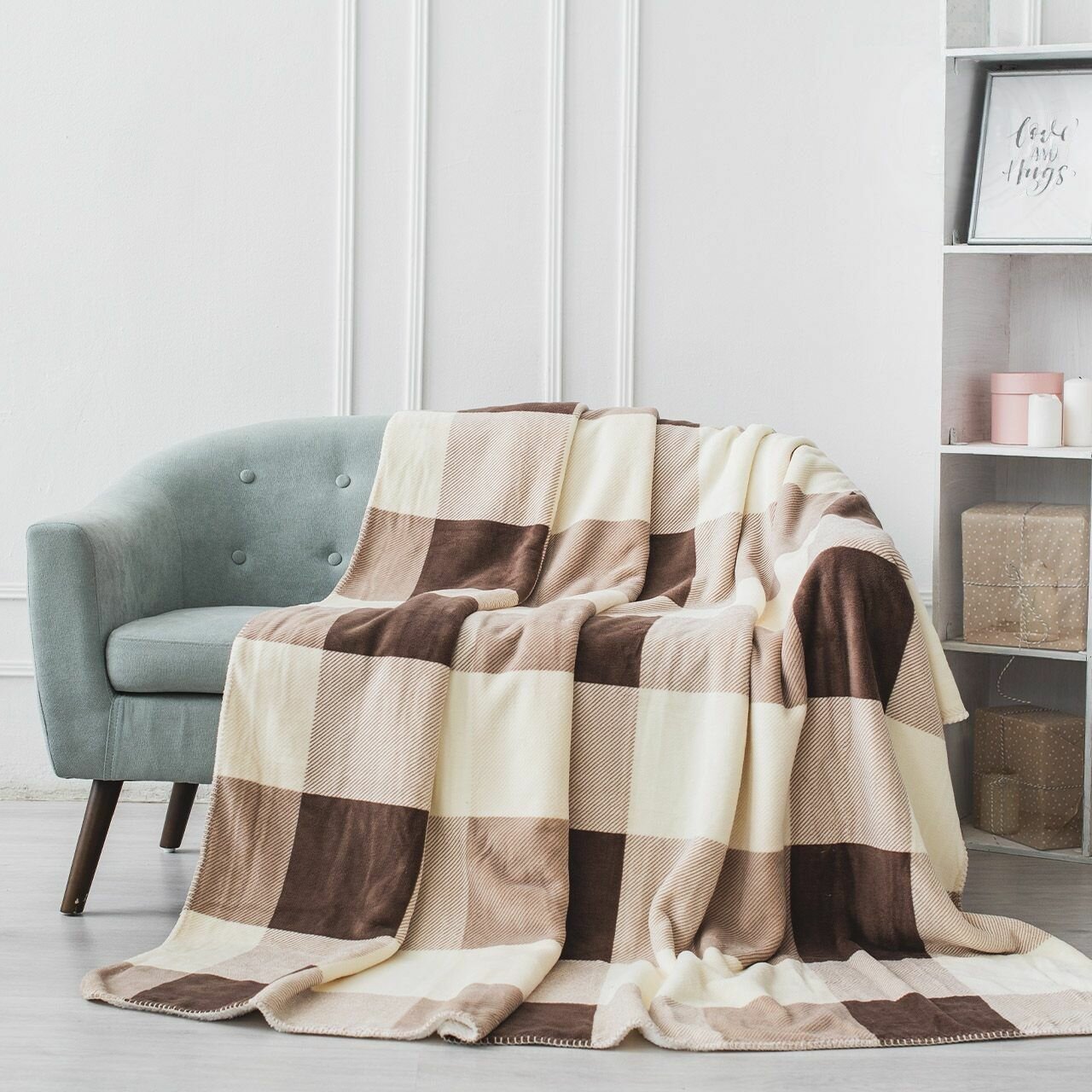 Плед флисовый "Клетка" Бежевый-коричневый 180х200 арт. ПФ18-2