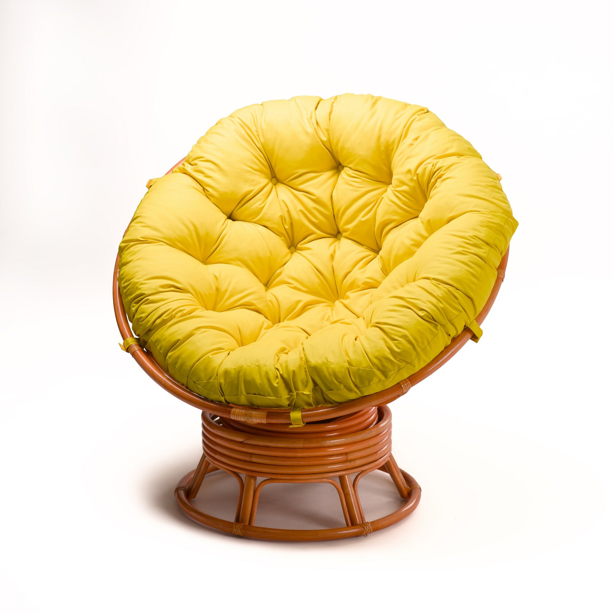 Кресло Папасан вращающийся из натурального ротанга 23/01В с желтой подушкой, цвет коньяк
