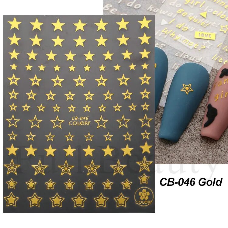 1 шт. 3D-наклейки с пятиконечными звездами для ногтей, черные, белые, золотые, CB-046 Gold