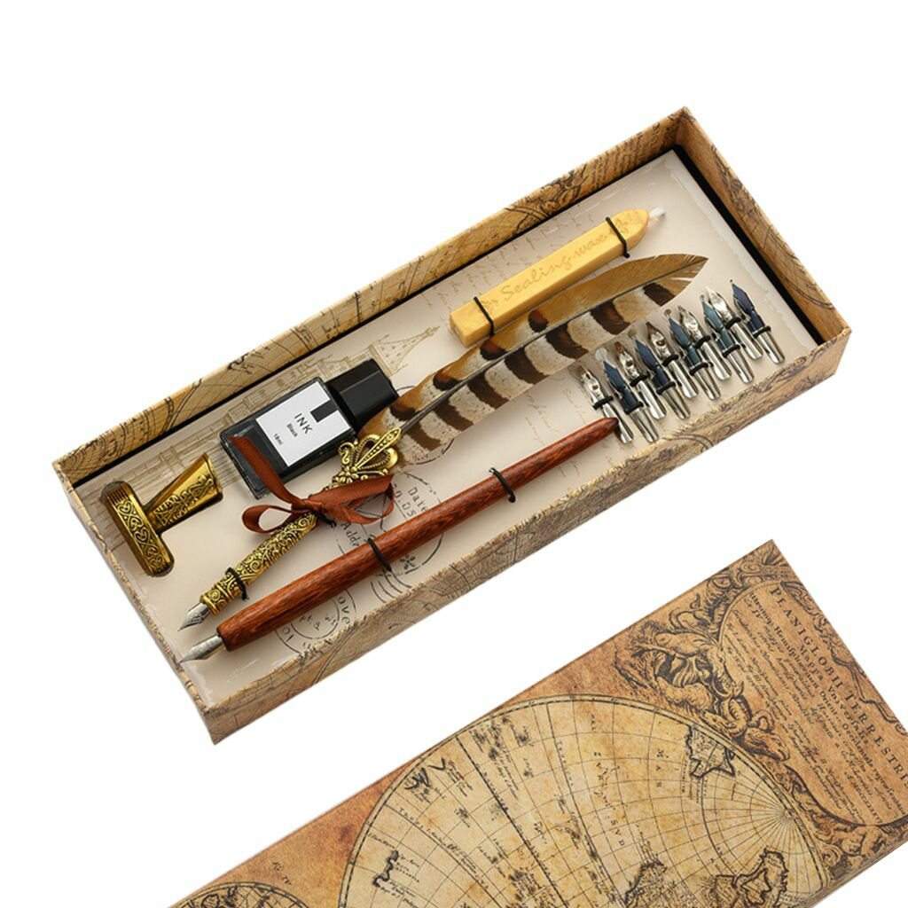 Антикварный набор перьев для каллиграфии с чернилами и воском