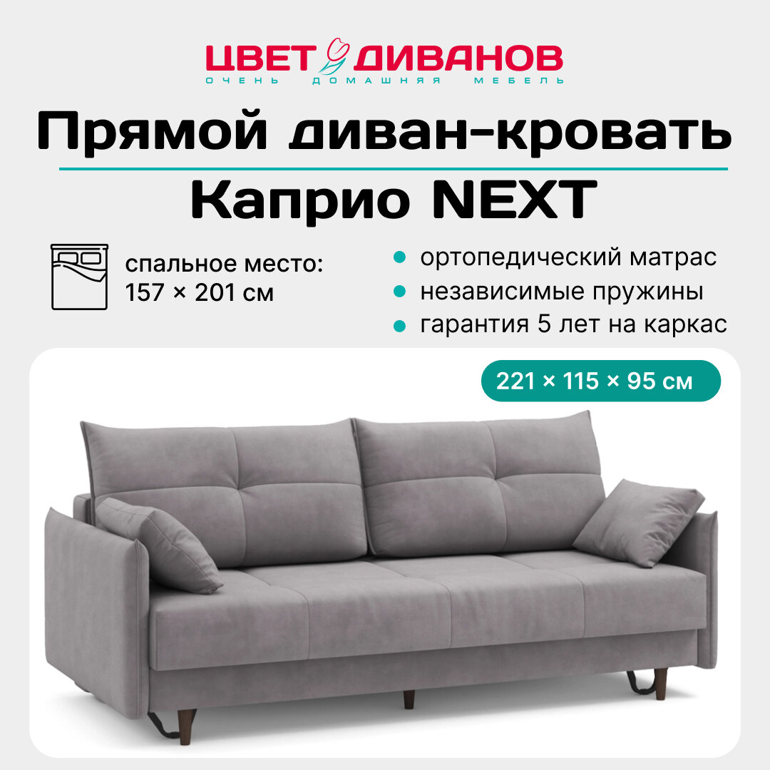 Прямой диван кровать Цвет Диванов Каприо NEXT 22 221 раскладной, пружинный ортопедический матрас, микрошенилл