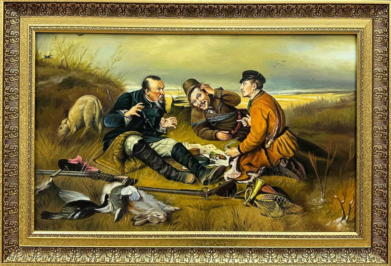 Картина маслом на холсте, летний пейзаж, карины с людьми "Охотники на привале"