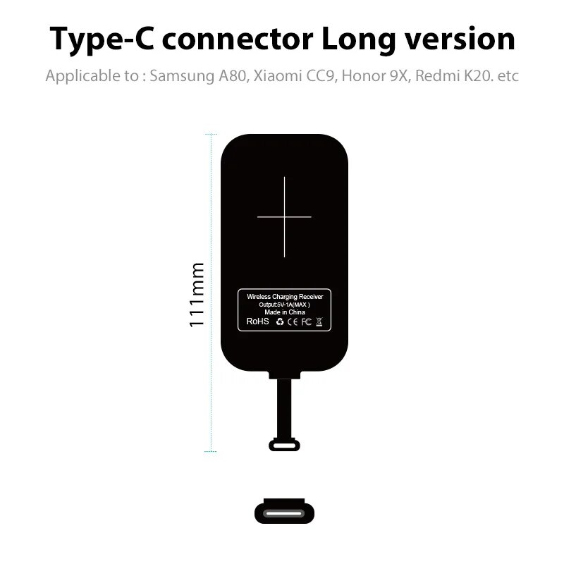 Беспроводной приемник Qi Type-C Long для Samsung, Xiaomi, Honor, Redmi
