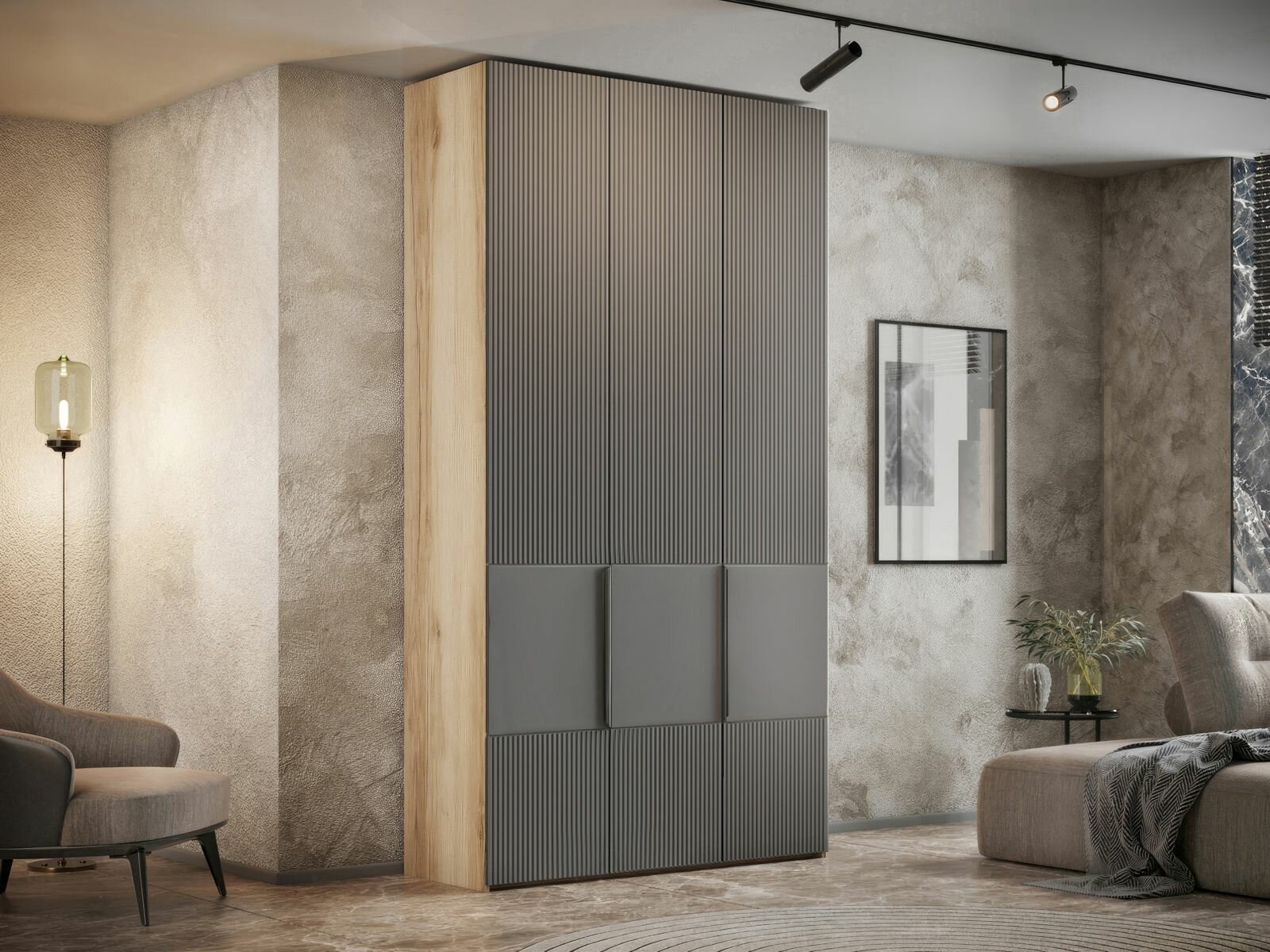 Распашной шкаф с МДФ-фасадами Фабрика Стиль Корсар 3х, Графит, 135х240х50 см