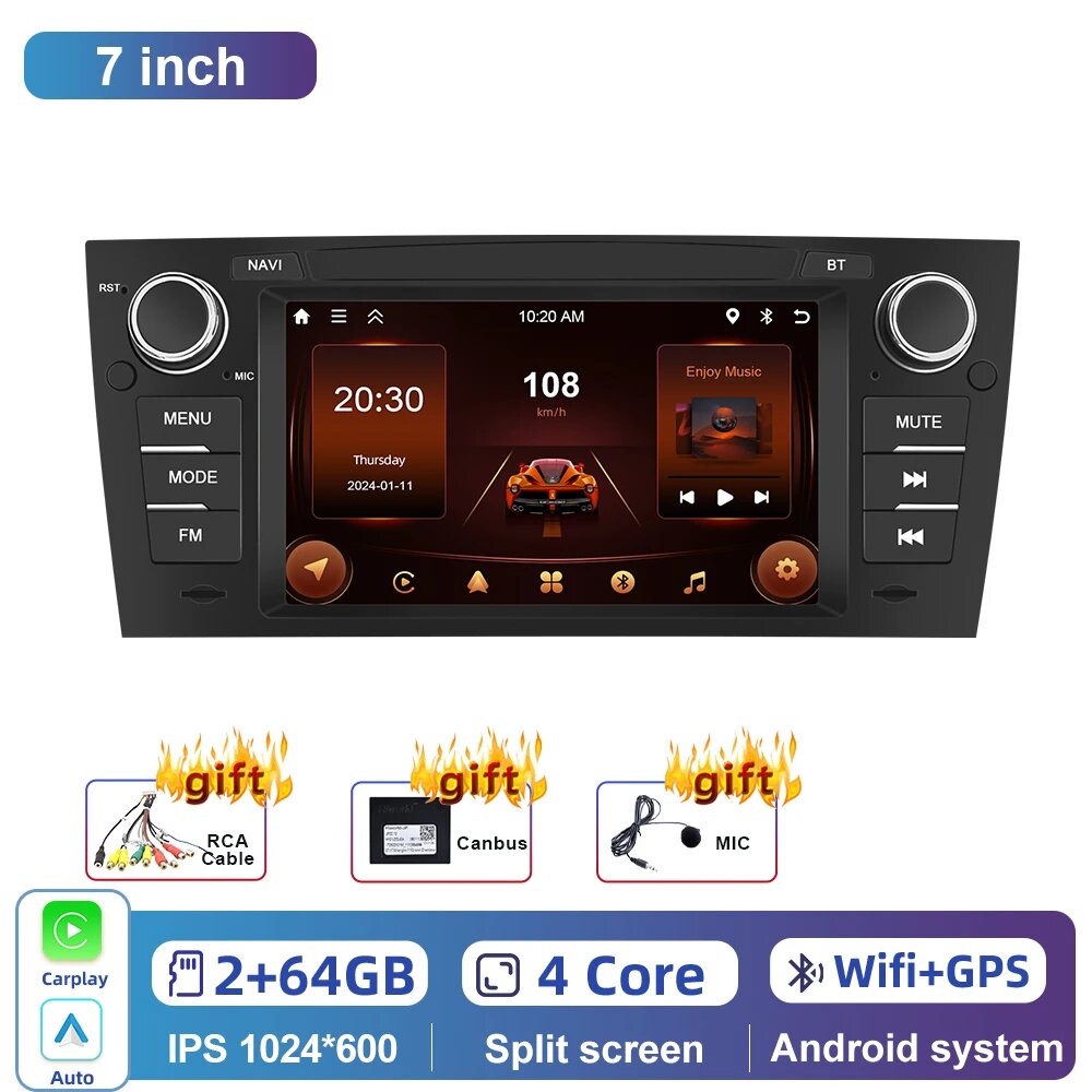 Автомагнитола Podofo для BMW, мультимедийный плеер на Android, с 7 "экраном, GPS, 2G 64G Carplay