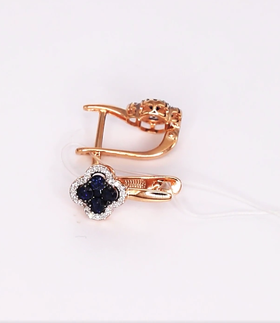 Серьги, красное золото, 585 проба, бриллиант, сапфир