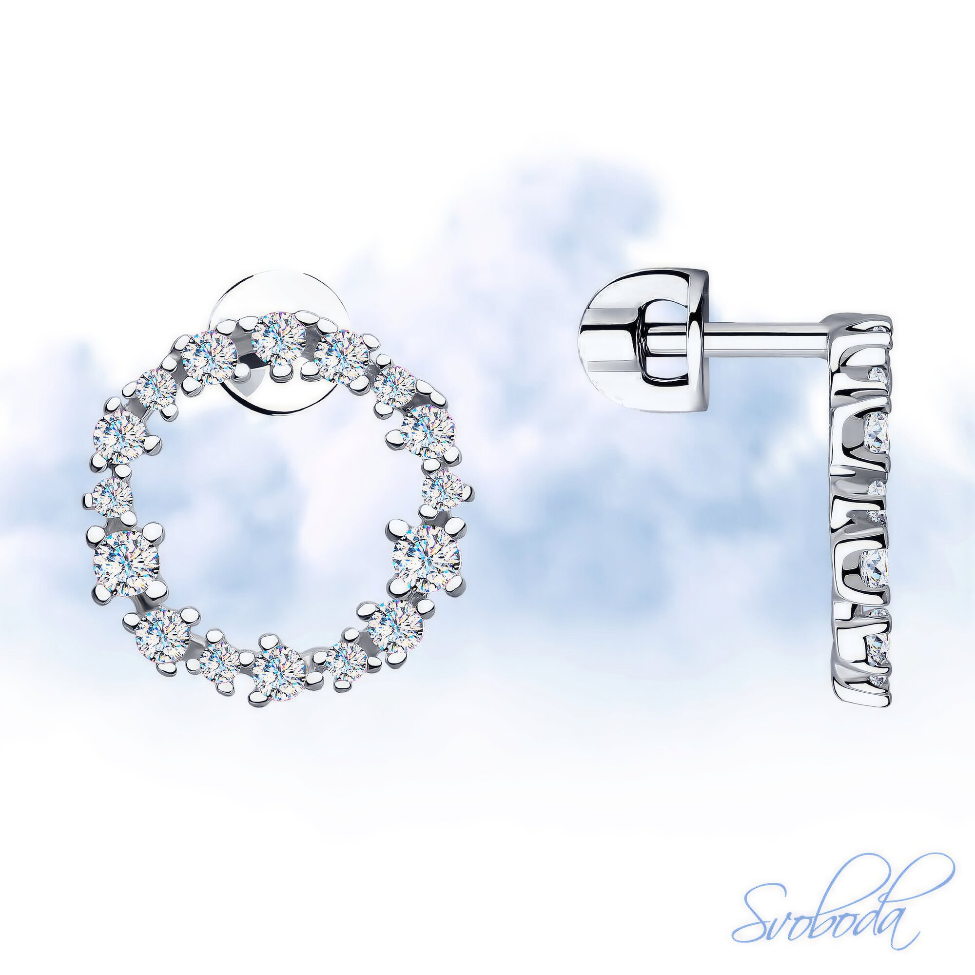 Серьги пусеты, серебро, 925 проба, родирование, фианит