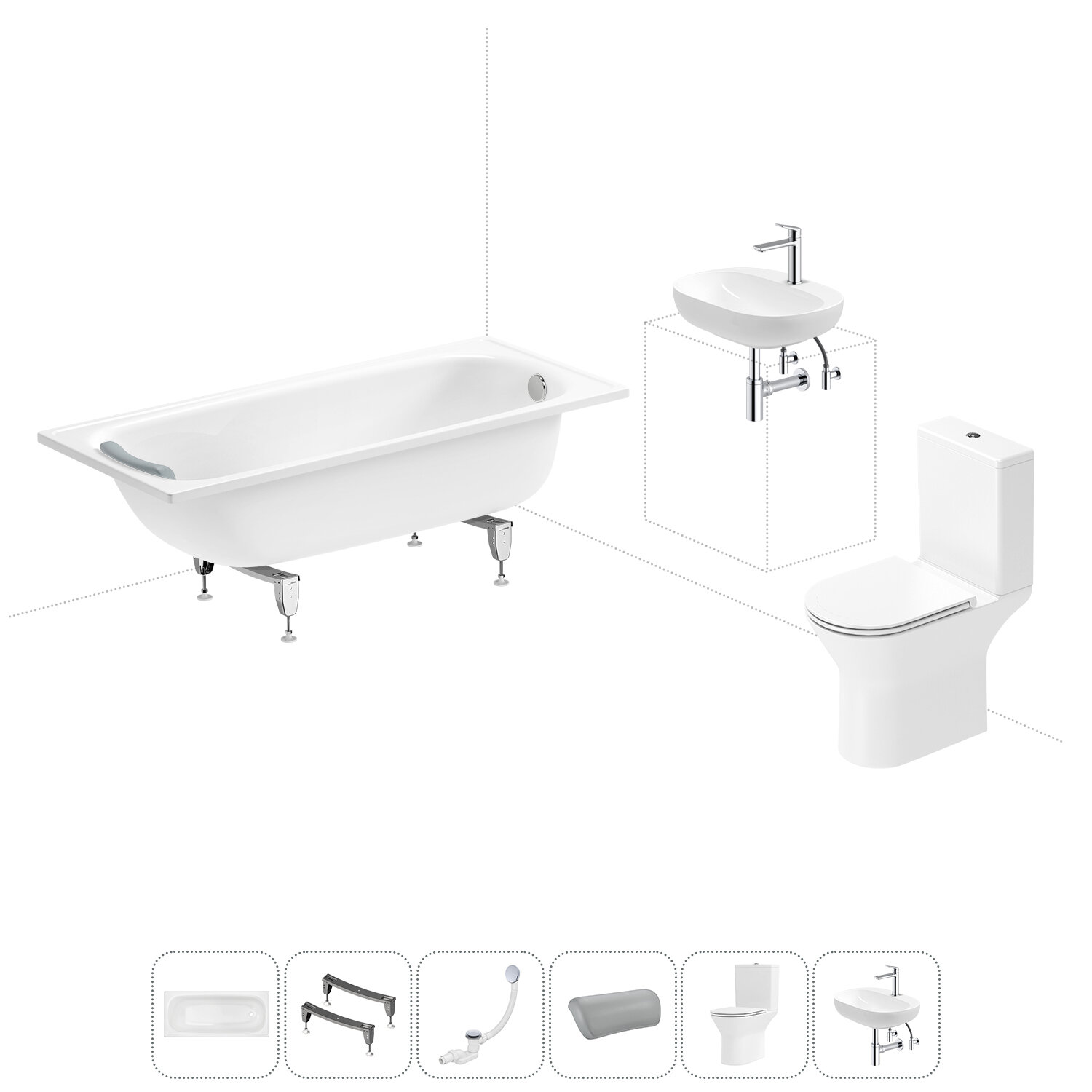 Стальная ванна 160х70 Sanitana BLB Europa 20220649R в наборе 6 в 1: металлическая ванна 160 х 70 см, ножки, слив-перелив, подголовник, унитаз, раковина с комплектом для подключения