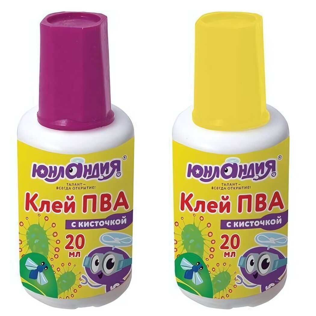 Клей ПВА с кисточкой 20мл, пластиковая бутылочка, для бумаги/картона