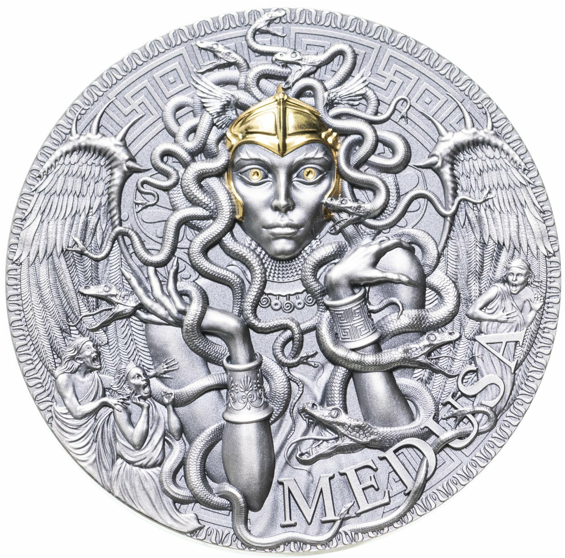 Камерун 2000 франков 2023 "Греческая мифология: Горгона Медуза " в футляре с сертификатом, Серебро 999, в сохранности UNC