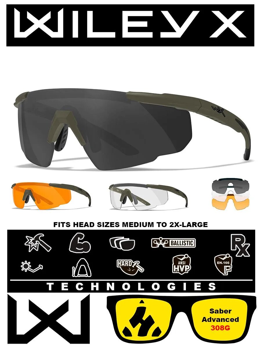Очки защитные Wiley X Saber Advanced (Frame: OD Green, Lens: Clear + Grey + Rust)