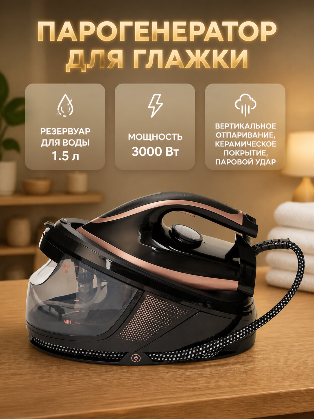 Парогенератор для глажки, паровая станция с утюгом парогенератором для дома, черный