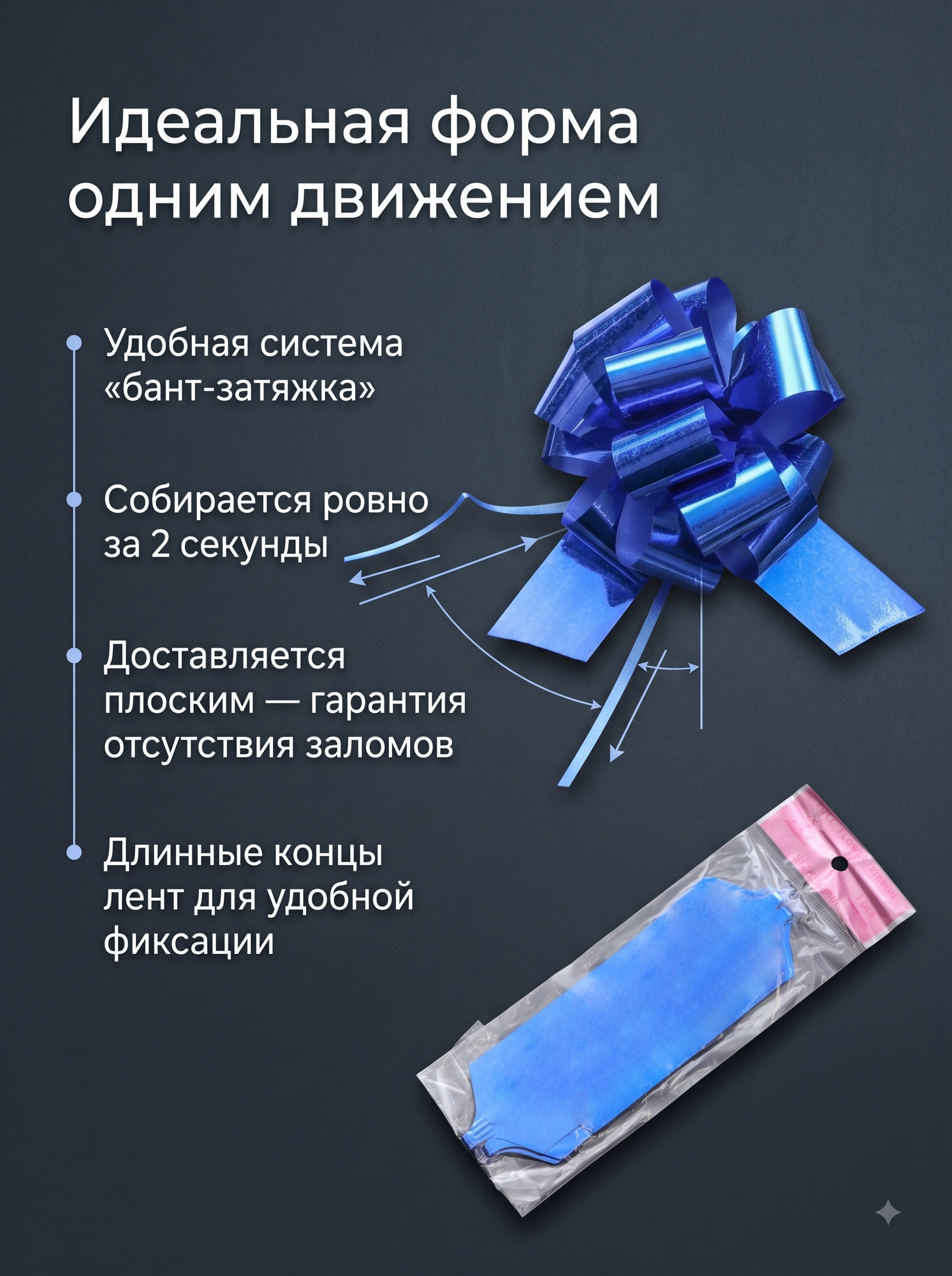 Бант подарочный «Шар» (затяжной), синий глянцевый, ширина ленты 5 см, диаметр 15 см, для упаковки подарков — фото 1