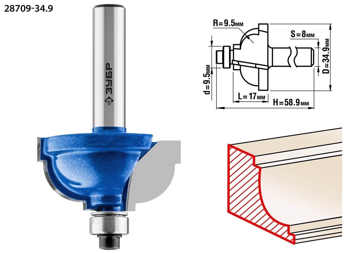 ЗУБР 34,9x19мм, радиус 9.5мм, фреза кромочная калевочная №7