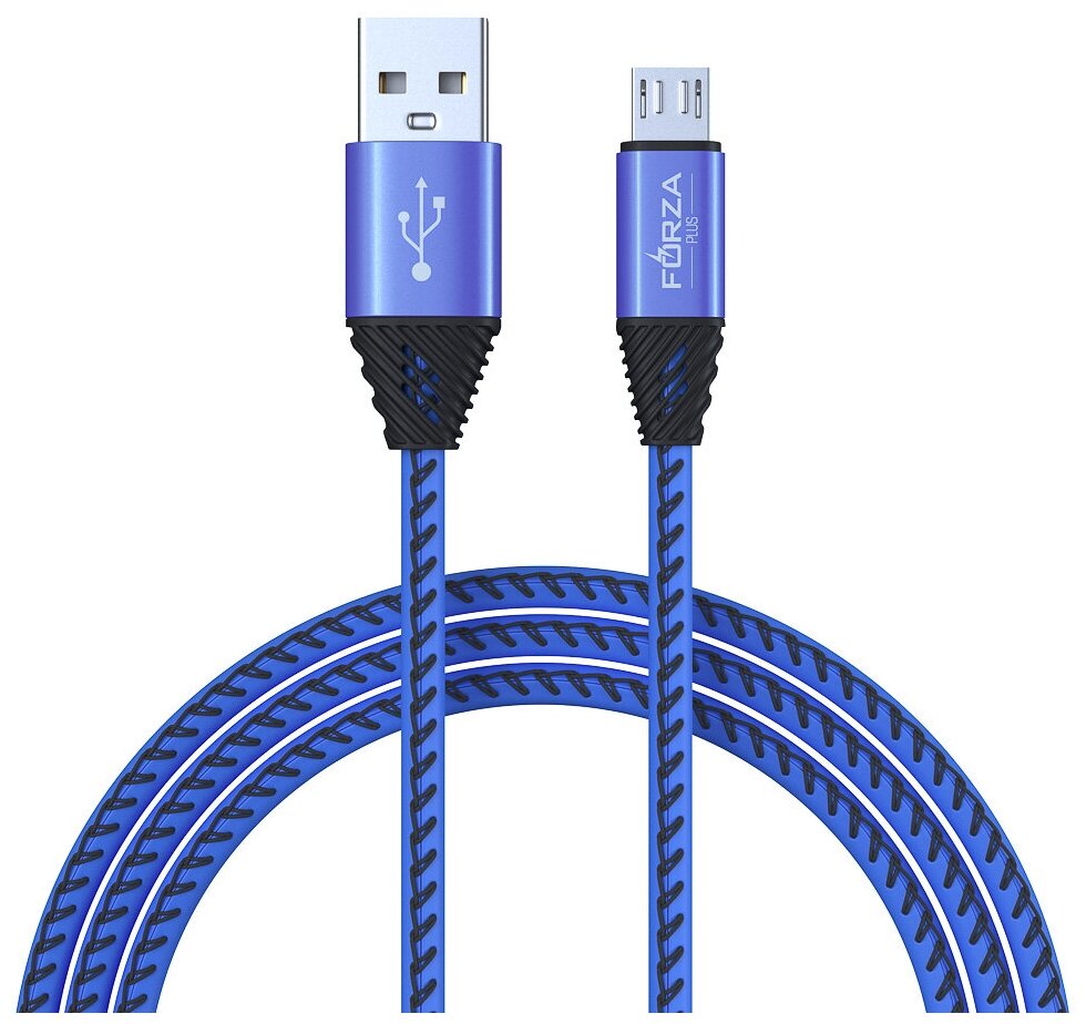 Кабель для зарядки USB(A)-microUSB FORZA Премиум, 1м, 2А, кожаная оплётка, 5 цветов, пакет — фото 1
