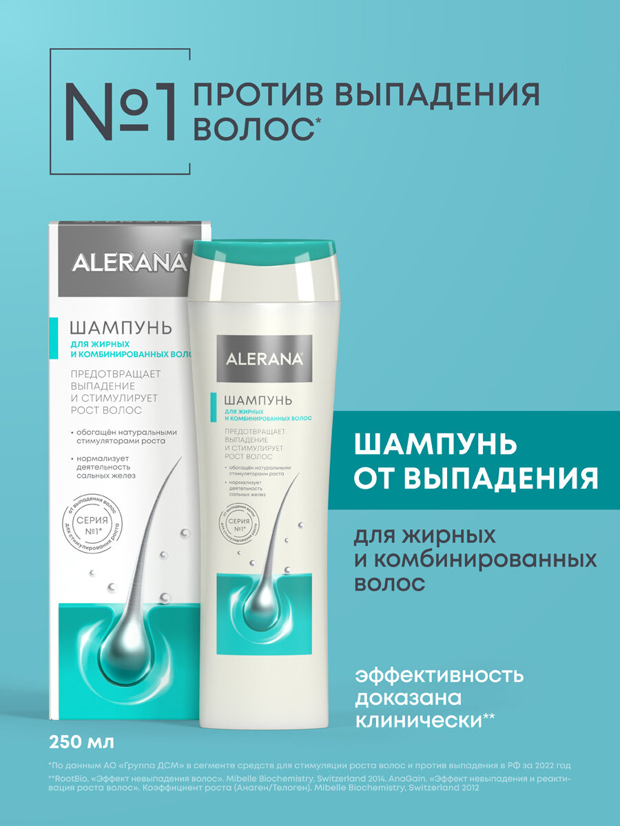 ALERANA шампунь от выпадения, укрепление и баланс кожи головы для жирных и комбинированных волос, 250мл против выпадения для жирных волос укрепление