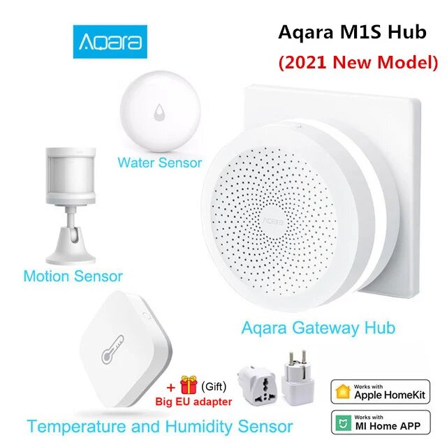 Шлюз-центр Aqara M1S Комплекты умного дома Zigbee Датчики температуры, дыма, двери, движения Удаленный контроль Работает с приложением Xiaomi HomeKit-Aqara 4 в 1
