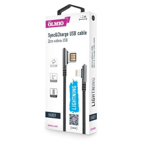 Кабель HANDY, USB 2 - microUSB, 1.2м, 2.1A, угловой, двухсторонний, черный, OLMIO