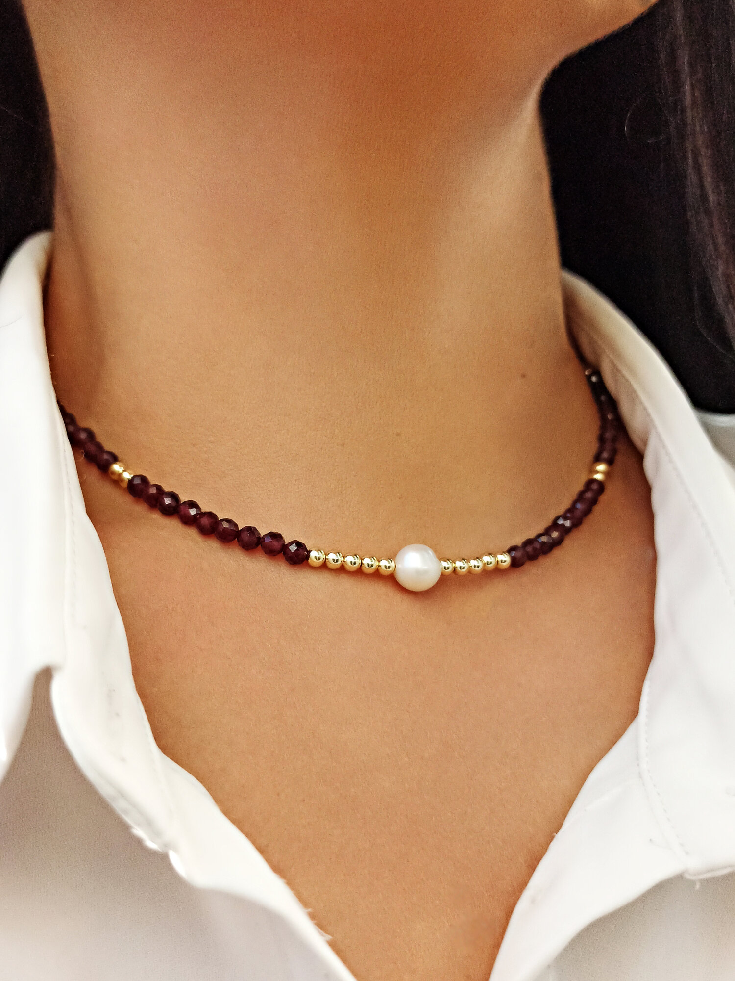 Колье, жемчуг барочный, гематит, жемчуг пресноводный, гранат, жемчуг культивированный, жемчуг пресноводный культивированный