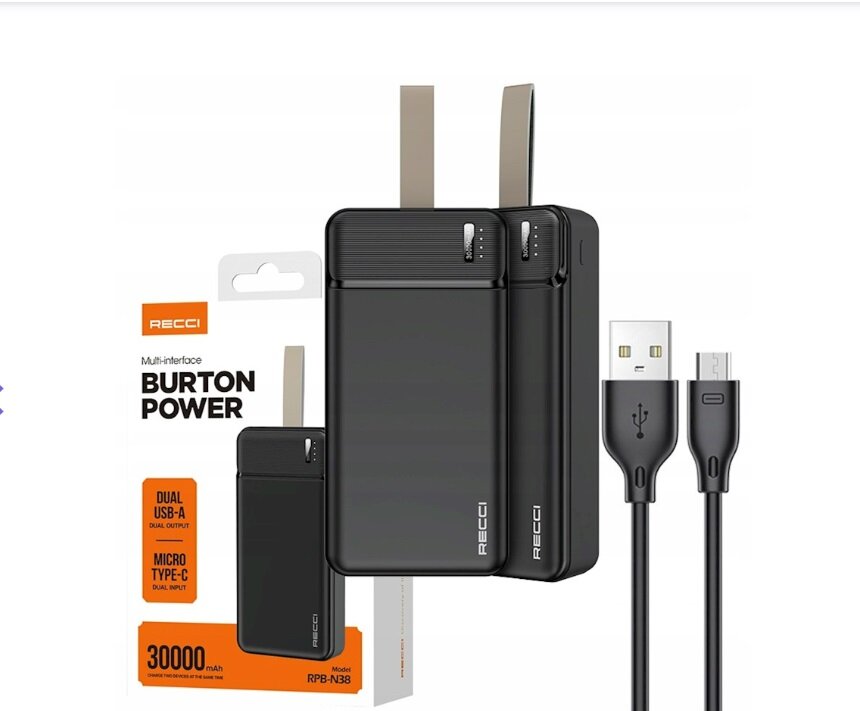 Повербанк Внешний аккумулятор Recci Power Burton 30000 mAh, 2*USB Output, 2.1A, Черный