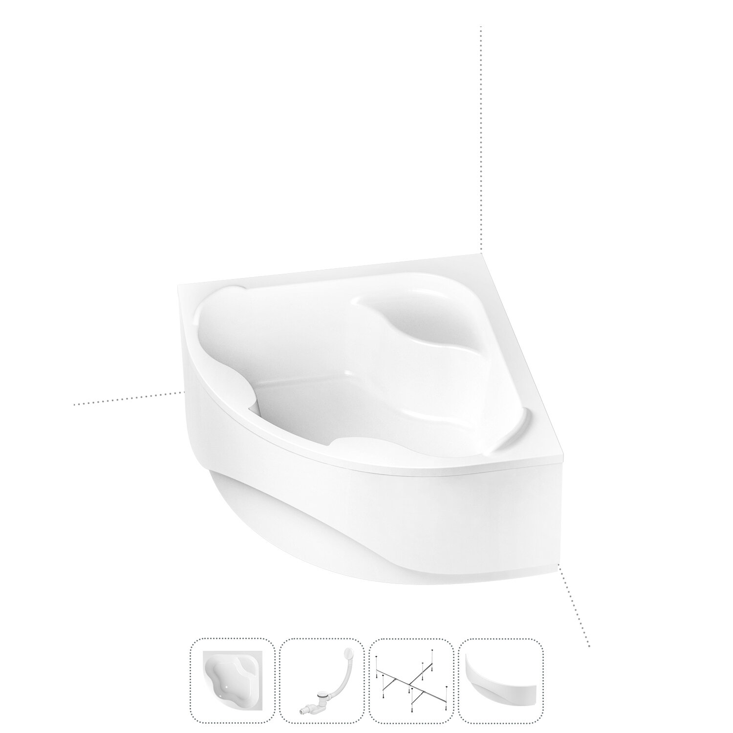 Угловая ванна акриловая 150 x 150 с каркасом и экраном Lavinia Boho Aveo 202011182 в наборе 4 в 1: акриловая ванна, слив-перелив, каркас, экран