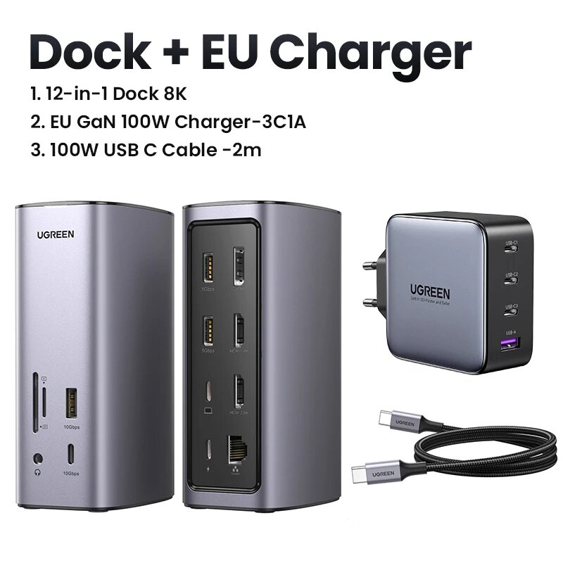 UGREEN 12-в-1 USB C Док-станция 8K/4K для Mac&Win Dock-EU Charger 3C1A
