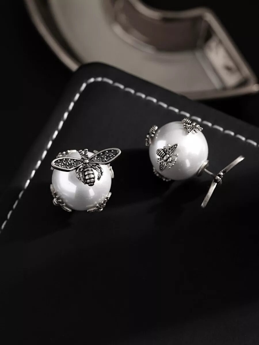 Серьги двусторонние, фианит, жемчуг имитация, кристалл, циркон