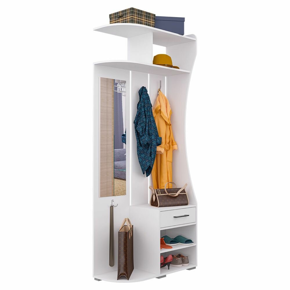 Комплект прихожей Пирамида ПР-2, Белый, ЛДСП с зеркалом, ящиком, вешалкой и полками