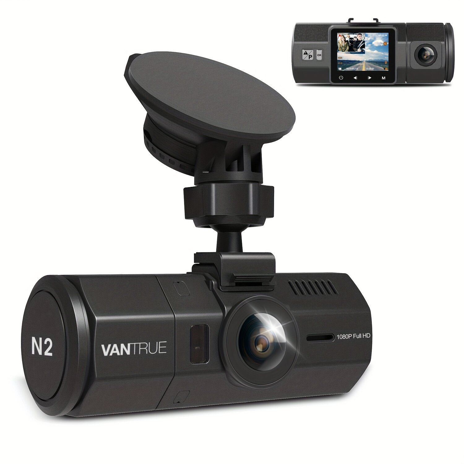 Vantrue N2 Двухканальная камера для автомобиля Dash Cam - 1080P FHD + HDR, передняя и задняя широкоугольная камера с двумя объективами, 1.5-дюймовый LCD экран, видеорегистратор DVR, G-сенсор, режим парковки и супер ночное видение