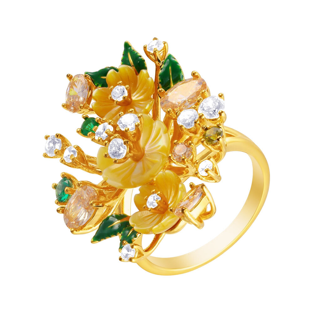 Кольцо, серебро, 925 проба, фианит, перламутр, эмаль