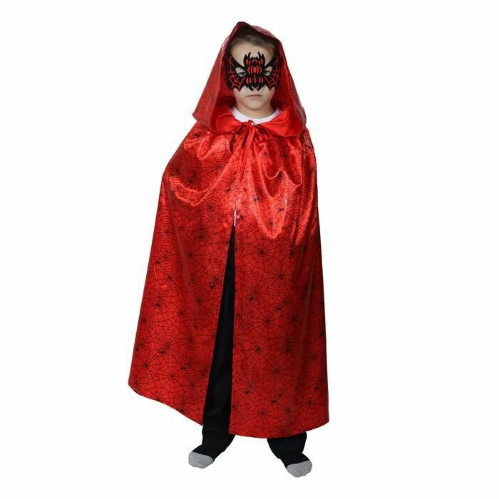 Карнавальный плащ с капюшоном, паутина на красном, атлас, длина 85 см + маска