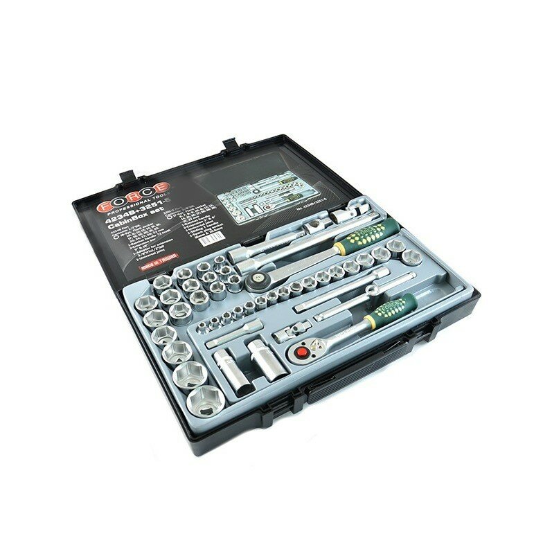 FORCE Набор инструмента 3/8"&1/2" 6-гранный; головки 6-32 мм, воротки, удлинители 48 пр. F-4234B+3251-5