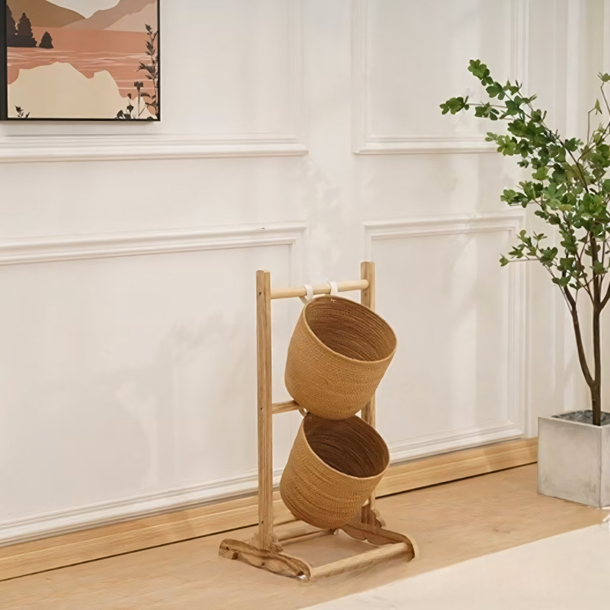 Деревянная этажерка с двумя корзинами из ротанга, цвет пшеничный, 35*35*72 см