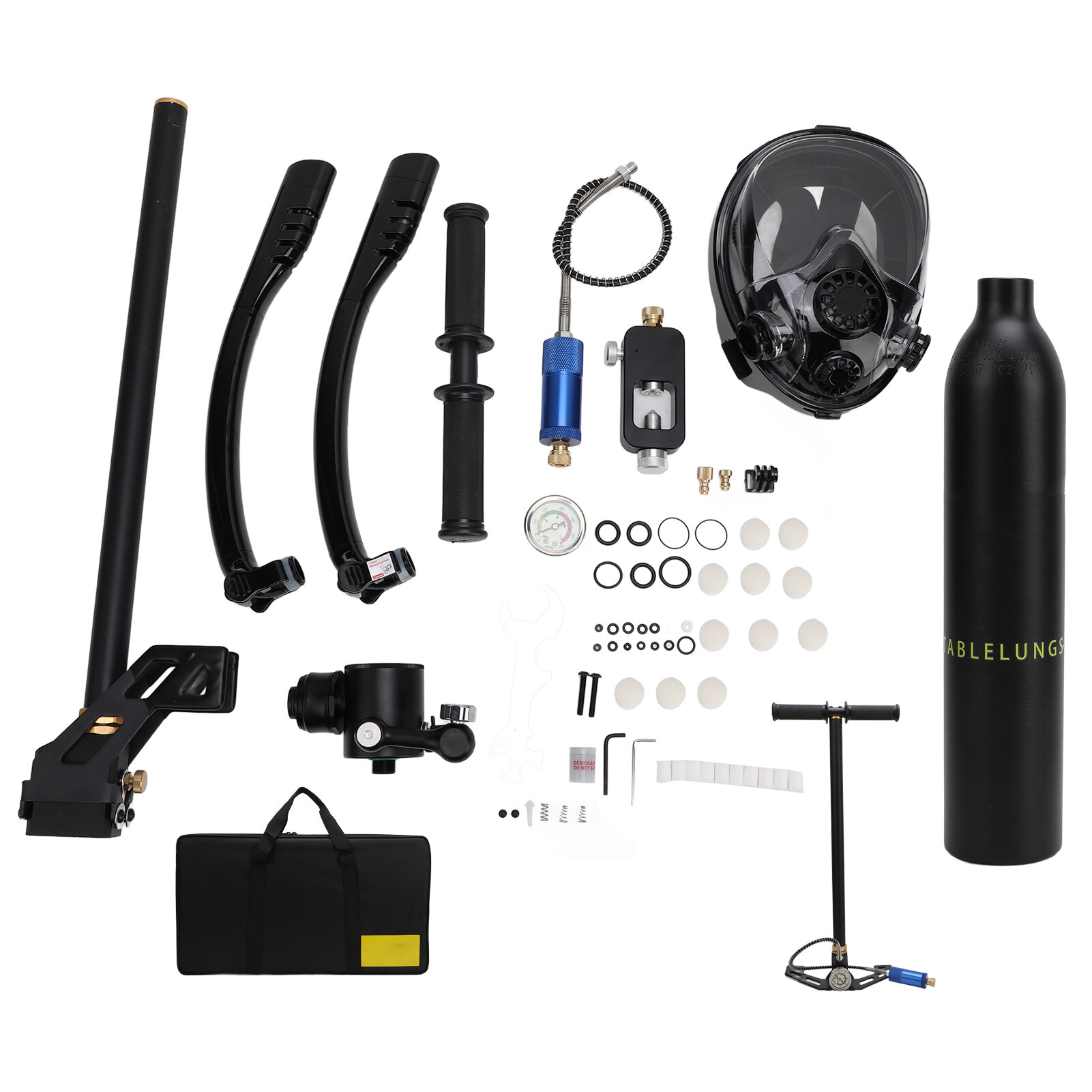 Портативный дыхательный аппарат для дайвинга с баллоном объемом 0,5 л и полнолицевой маской для подводного плавания и сноркелинга, черный.