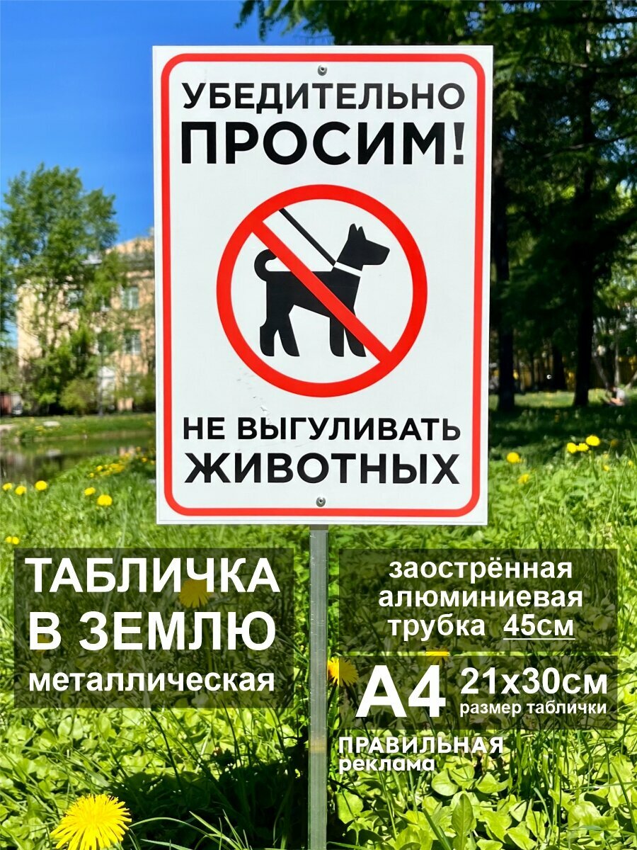 Алюминиевая табличка на металлической трубе "Выгул собак запрещён/Собак не выгуливать" А4 (21х30см) белая / Трубка - 45см