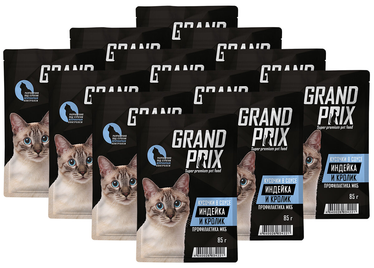 Корм влажный Grand Prix для взрослых кошек для профилактики мочекаменной болезни с индейкой и кроликом в соусе пауч, 85 г х 12 шт