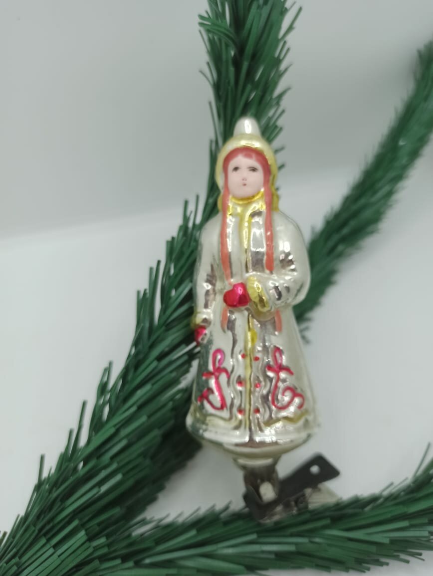 Елочная игрушка на прищепке Снегурочка винтажная советская, стекло, СССР