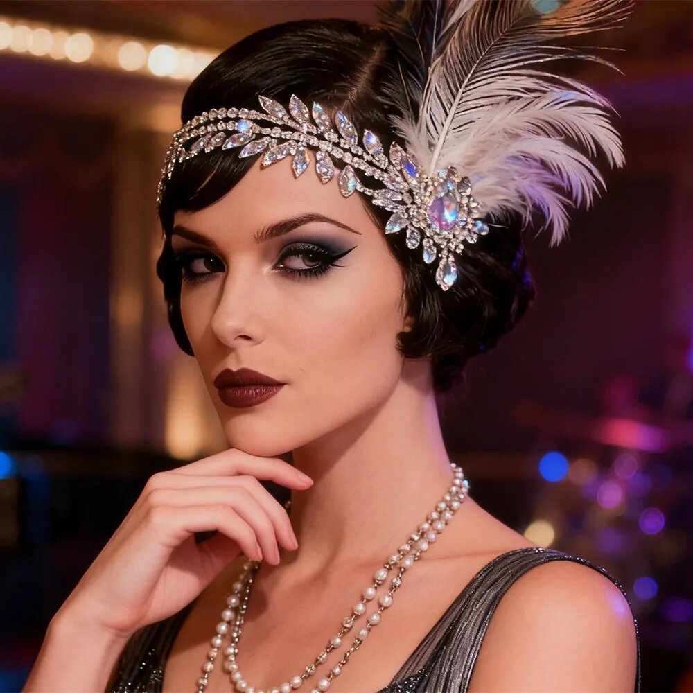 Повязка на голову ретро с перьями и кристаллами, Style 1