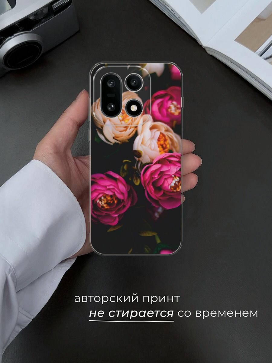 Чехол на OnePlus 15 / Ван Плас 15 с принтом Розовые пионы на черном — фото 1