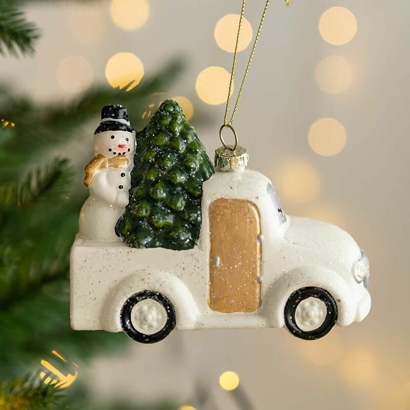 Елочная игрушка HOMYS "Машинка со Снеговиком", пластик, длина 10см