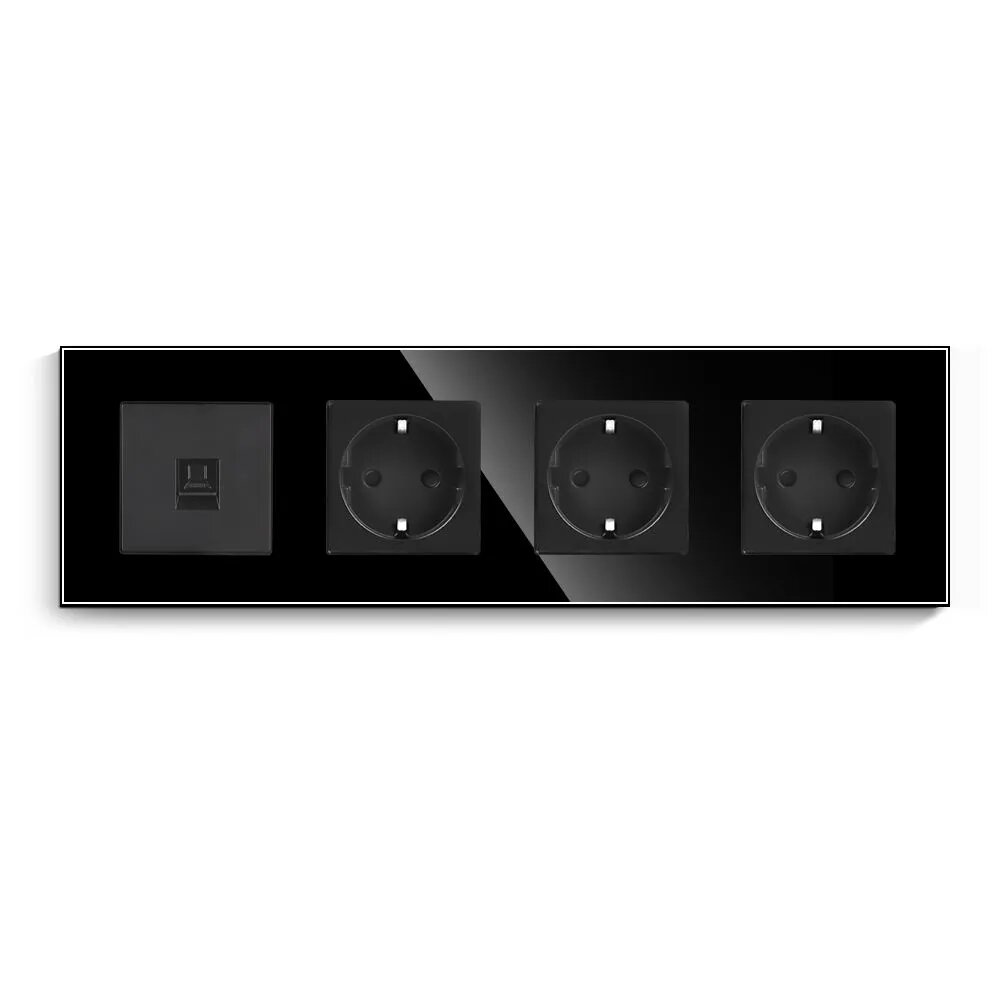 Розетка 4 поста с интернет, RJ45/tv, рамка 299х86мм стекло, цвет Черный