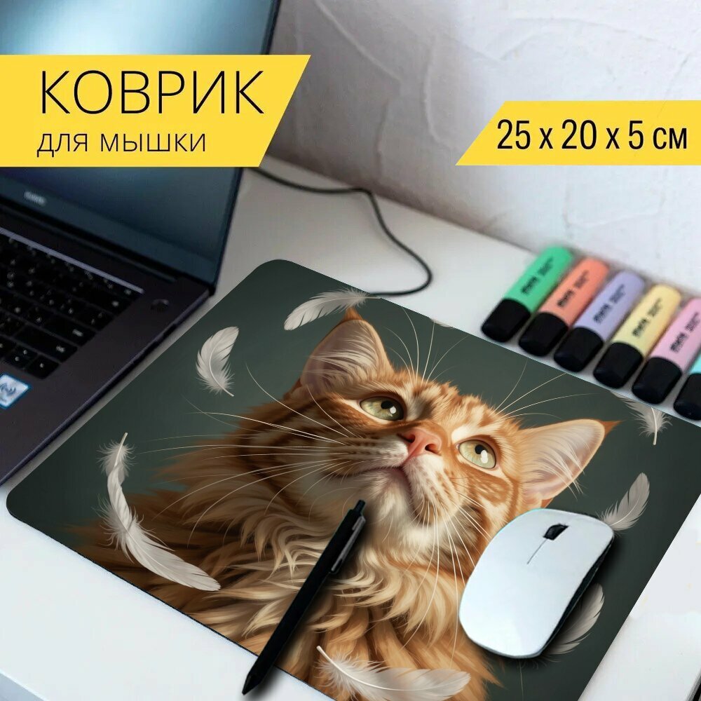 Коврик для мыши с принтом "Рыжий кот с белыми перьями. Пушистый полосатый рыжий питомец с выразительными зелёными глазами, окружённый парящими светлыми перьями. Мягкий." 25x20см.