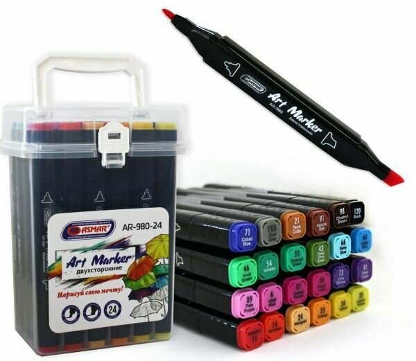 ART MARKER "ASMAR' ( скетчмаркер) двухсторонние 48 цветов, пулевидный и скошенный наконечник