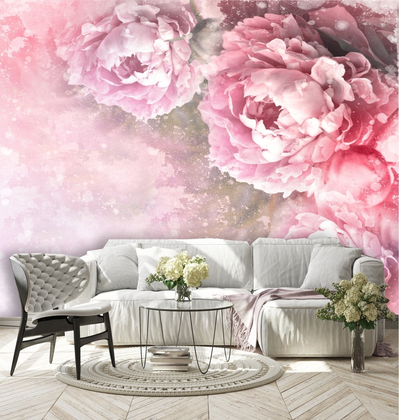 Фотообои "Пионы на розовом фоне" 300х260 см.