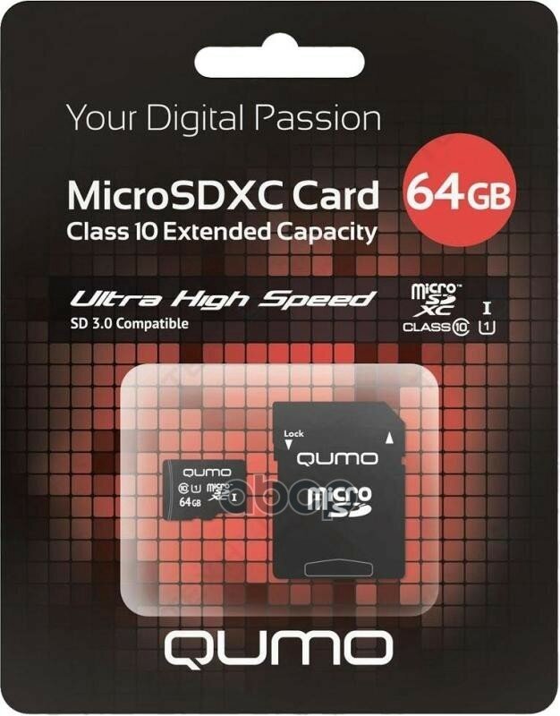 Карта памяти MicroSDXC 64GB 90/45 МБ/с UHSI U3, Pro seria 3.0 с адаптером SD QUMO 24628 QUMO арт. 24628