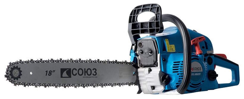 Бензопила СОЮЗ ПТС-99520Т Мощность двигателя - 3,53 л. с. (2,6 кВт) Тип двигателя - 2-х тактный Тип топлива - Бензин АИ-92 + масло