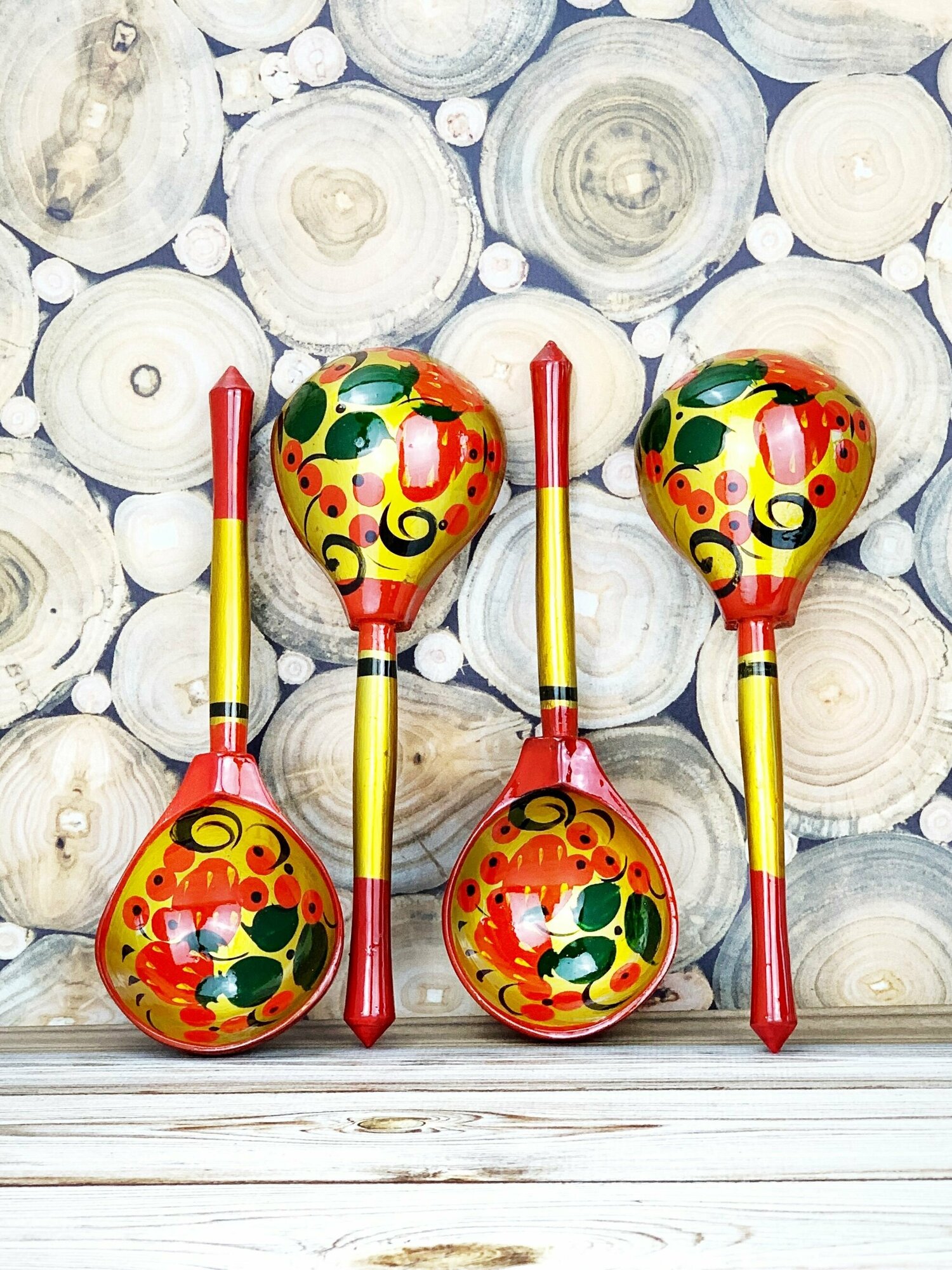 Ложки деревянные музыкальные, столовые, народные музыкальные инструменты, ручная авторская роспись, золотые, 4 шт.